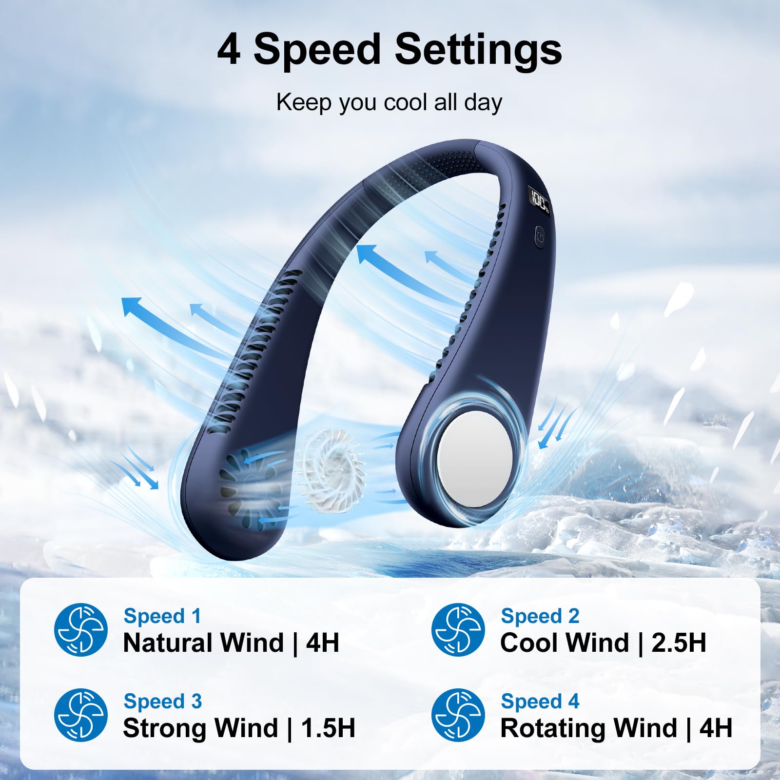 Odoland Portable Neck Fan with LED Display, 3600mAh Rechargeable Hands Free Bladeless Mini Fan, 4 Speed Adjustment Strong Wind Portable Fan for Traveling Office Camping, 2 Pack, White&Blue