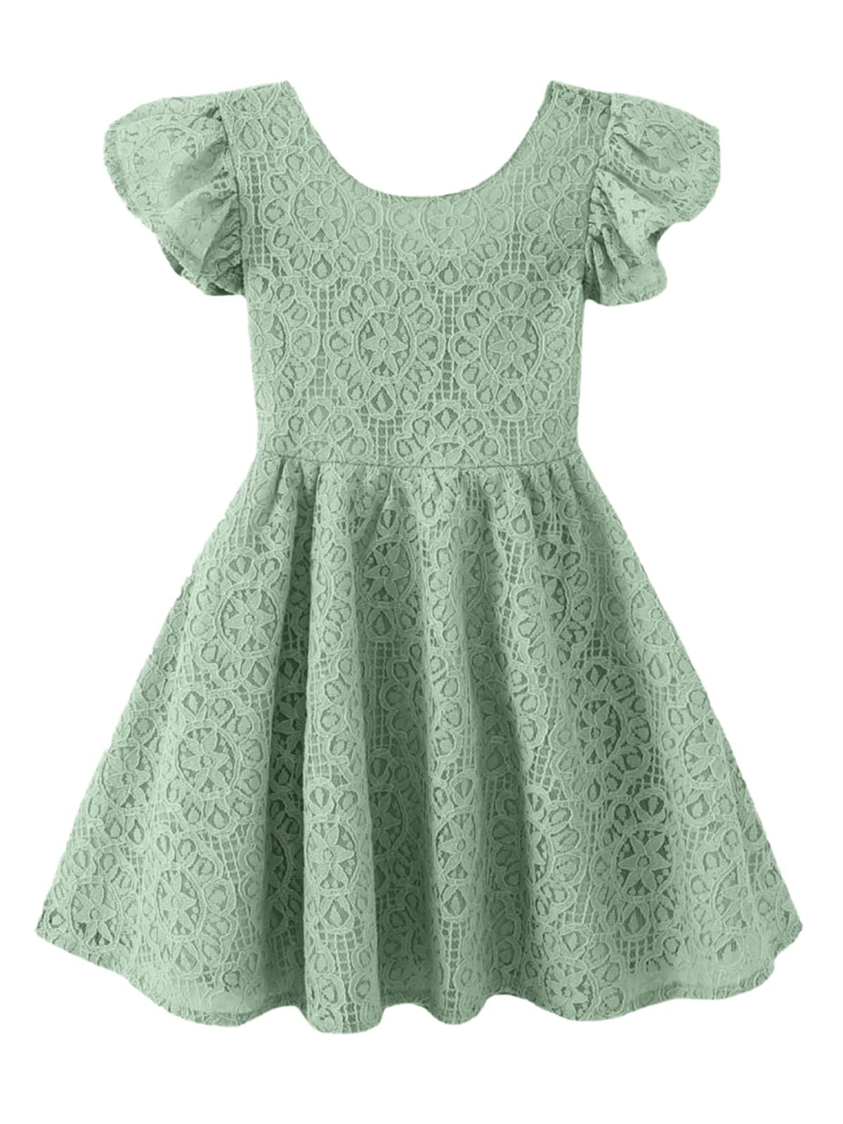 SISIDOLLS Little Girls Tie Back Sleeveless Ruffle Crochet Lace Elegant Dresses(Dusty Green, 5T)