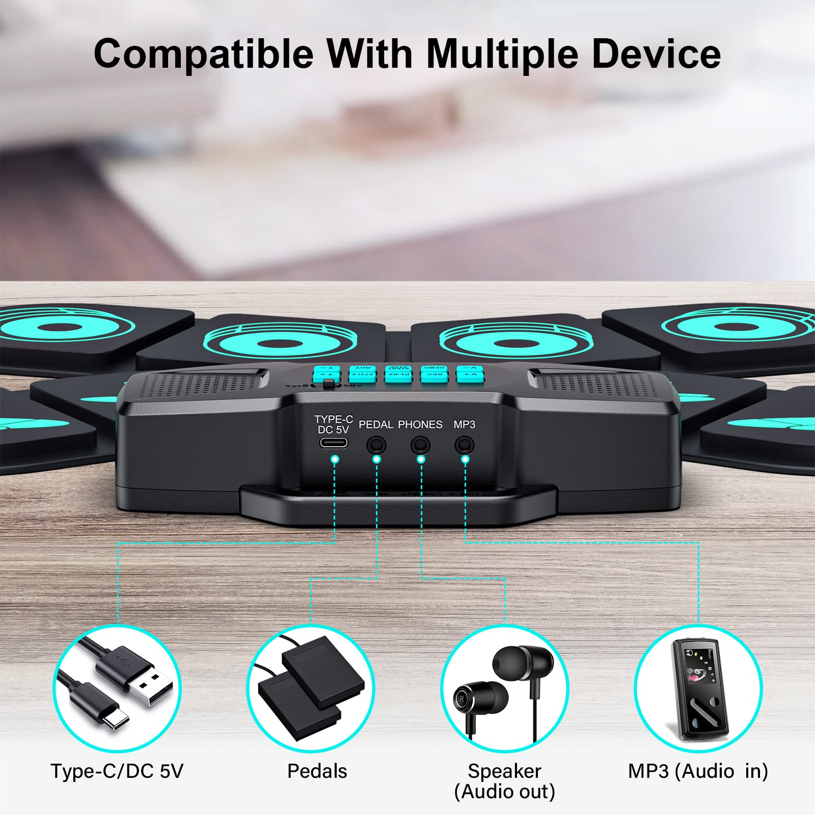 Ludysic Electronic Drum Pads, 9 Pads Roll-up Practice Drum Set Built-in Dual Speaker and Headphone Jack,Drum Sticks and Drum Pedals,Ideal Birthday Holiday Drum Sets Gift
