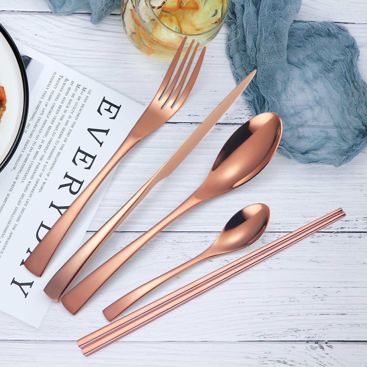 MURRI&MURRDI 7 Pieces Reusable Utensils Set with Case Portable Cutlery Set Stainless Steel Travel Utensils Including Knife Fork Spoon Chopsticks Straws Brush,Dishwasher Safe(7 Rose golden)