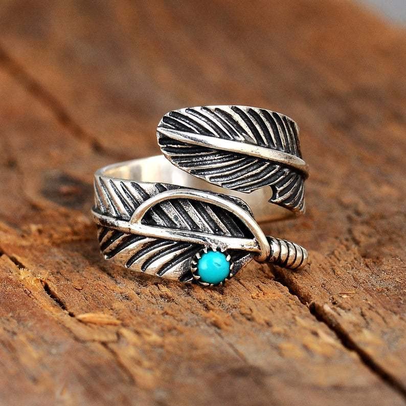 PAYOJA Boho Feather Turquoise Adjustable Ring, Statement Vintage Feather Leaf Open Rings for Women Men