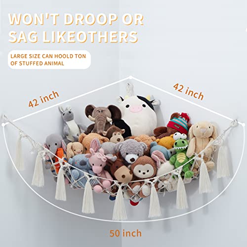 Mingtex Stuffed Animal Net or Hammock – Decorative Macrame Toy Hammocks for Kids Toys, Large Soft Net with LED Start Light String, Wall Hanging Hooks, and Wooden Photo Display Clips, Toy holder