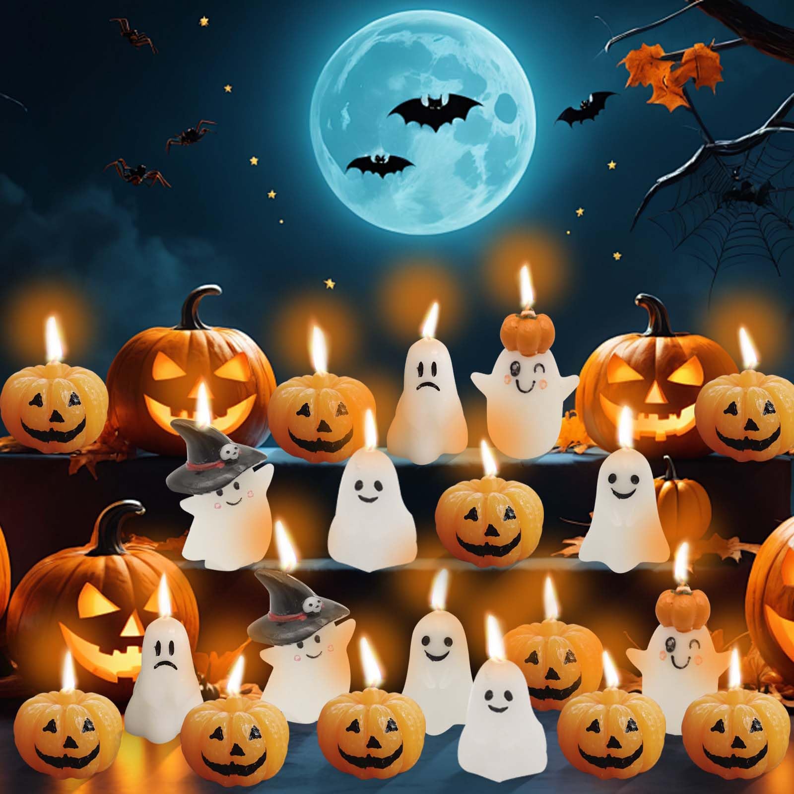 Ukontagood 20 PCS Halloween Ghost Candles, Pumpkin and Ghost Scented Candles White Candles Spooky Candles, Mini Ghost Candles Pumpkin Shaped Candles for Home Halloween Party Decor