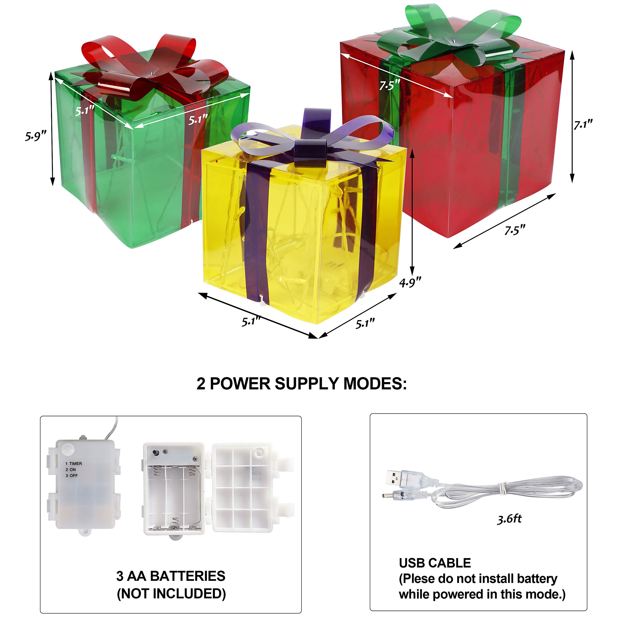 Joliyoou Christmas Lighted Gift Boxes, Set of 3 Light Up 60 LED Deocr Outdoor, Light Up Christmas Boxes Present Decorations Outdoor Yard Red Green Yellow