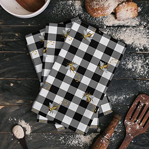 MUSEDAY Kitchen Towels Set Minimalist Black White Buffalo Check Plaid Cute Bee Absorbent Dish Towels Dish Cloths for Drying Kitchen Hand Towels Decorative Tea Towels