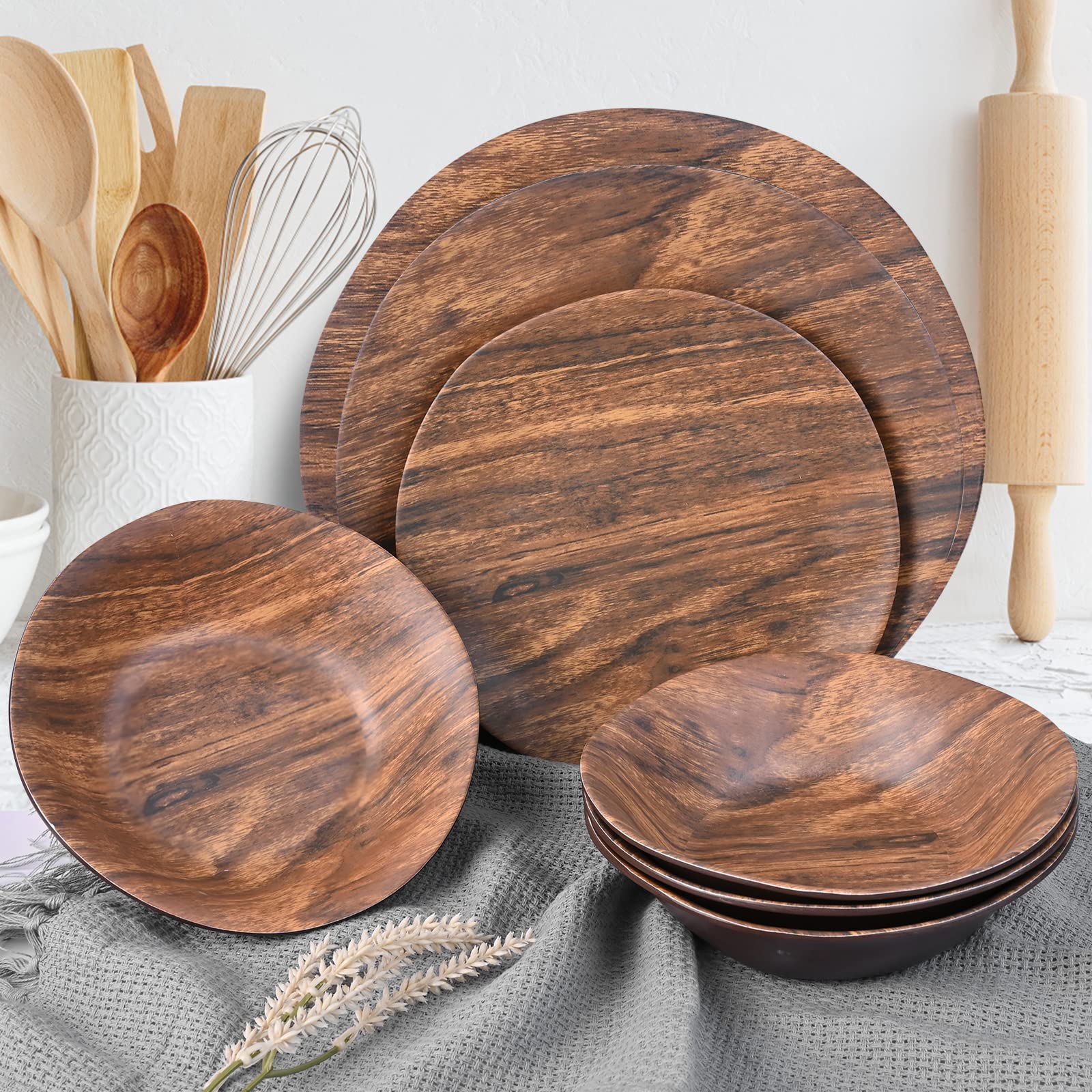 Melamine Dinnerware Sets Clearance - 12 pcs Melamine Plates Indoor and Outdoor use Wood Grain Plates and Bowls Dinnerware Sets Summer Fall Camping Dish Set for 4 Dishwasher Safe (Brown)