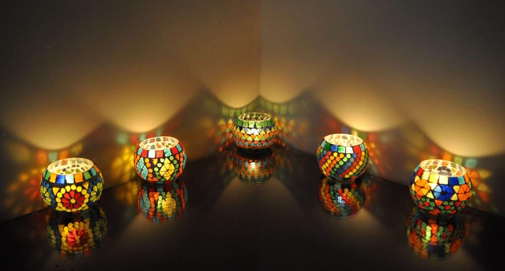 Lalhaveli Wedding Home Garden Decoration Night Lighting Mosaic Glass Votive Tea Light Candle Holder Set of 5 Pcs (3X3 Inch)