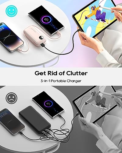 Kuulaa Portable Charger with Built in Cables 10000mAh USB C Power Bank Fast Charging LCD Display Battery Pack Charger Portable 3 Outputs for iPhone Pixel Samsung Android, Pink