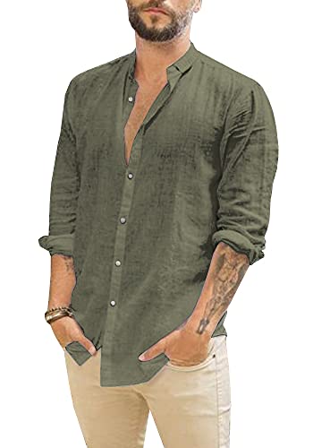 Makkrom Men's Cotton Linen Shirts Long Sleeve Button Down Band Collar Summer Beach Shirt Top Army Green