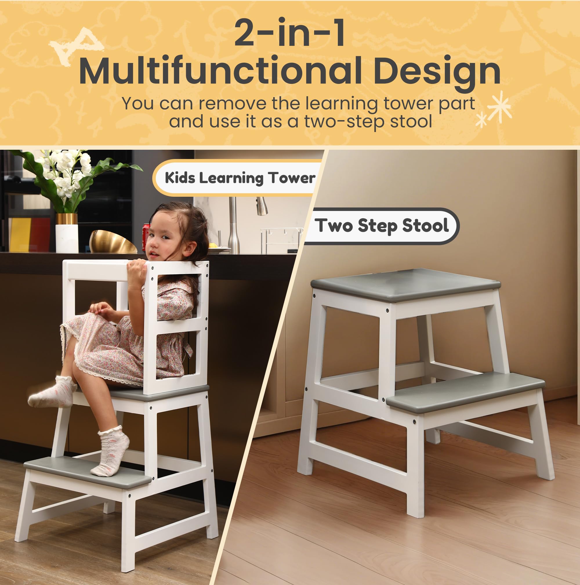 Saihony Standing Tower for Toddler, Kids Kitchen Step Stool Toddler Standing Tower Helper for Kitchen Counter and Bathroom Sink, Wooden Kids Montessori Learning Standing Stool with Safety Rail White