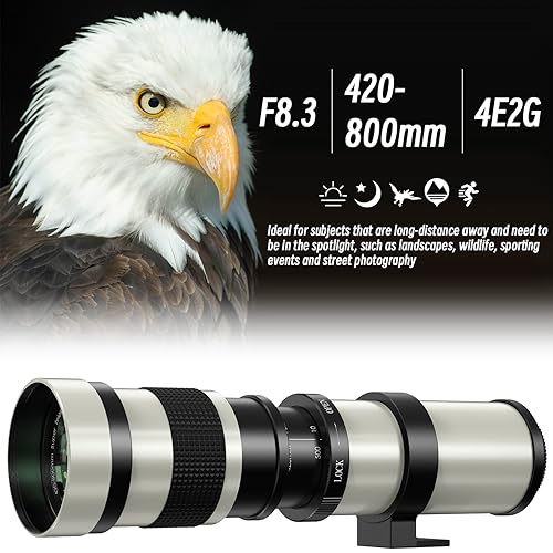 Lightdow 420-800mm f/8.3 Manual Zoom Super Telephoto Lens + T Mount Ring for Nikon D3500 D5600 D7500 D500 D600 D700 D750 D800 D850 D3200 D3400 D5100 D5200 D5300 D7000 D7200 Camera (White Version)