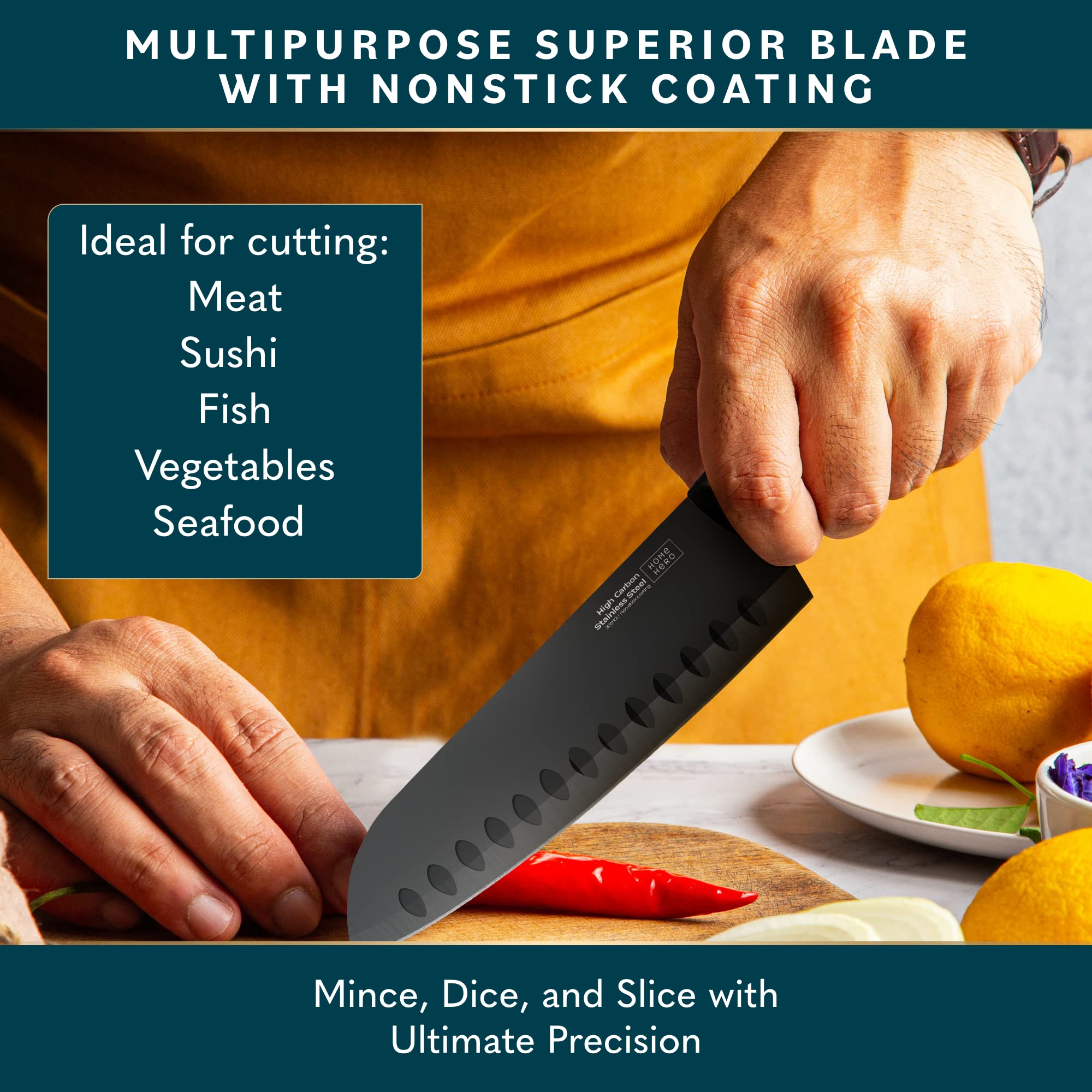 Home Hero 2 Pcs Santoku Knife with Sheath - High Carbon Stainless Steel Chopping Knife with Ergonomic Handle - Razor-Sharp Multi-Purpose Kitchen Knife for Chopping Vegetable and Cooking (Black)