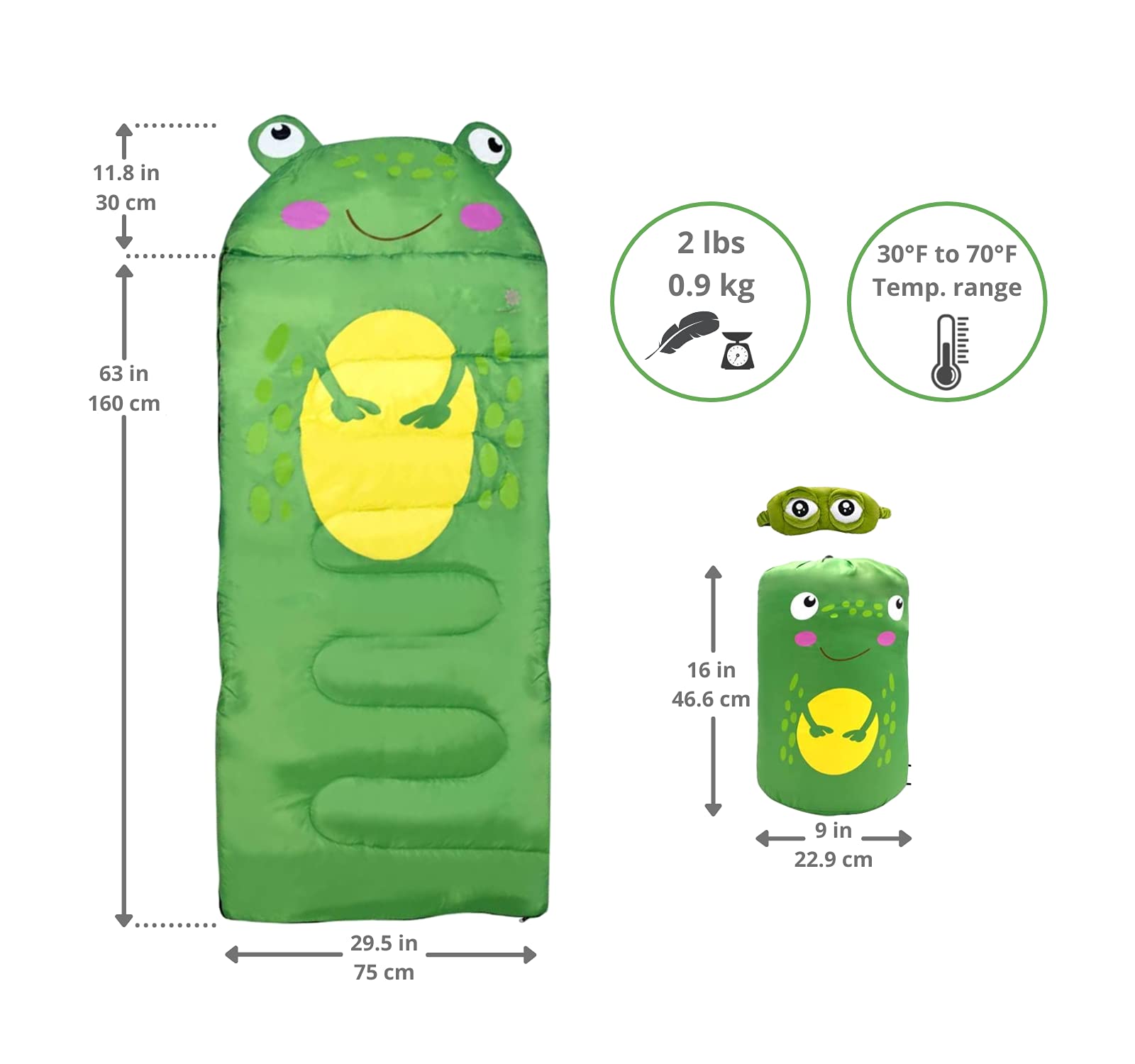 Kids Camping Sleeping Bag with Sleeping Mask, Waterproof, Durable & Lightweight, Ideal for Hiking, Camping & Outdoor Adventures, Frog Pattern