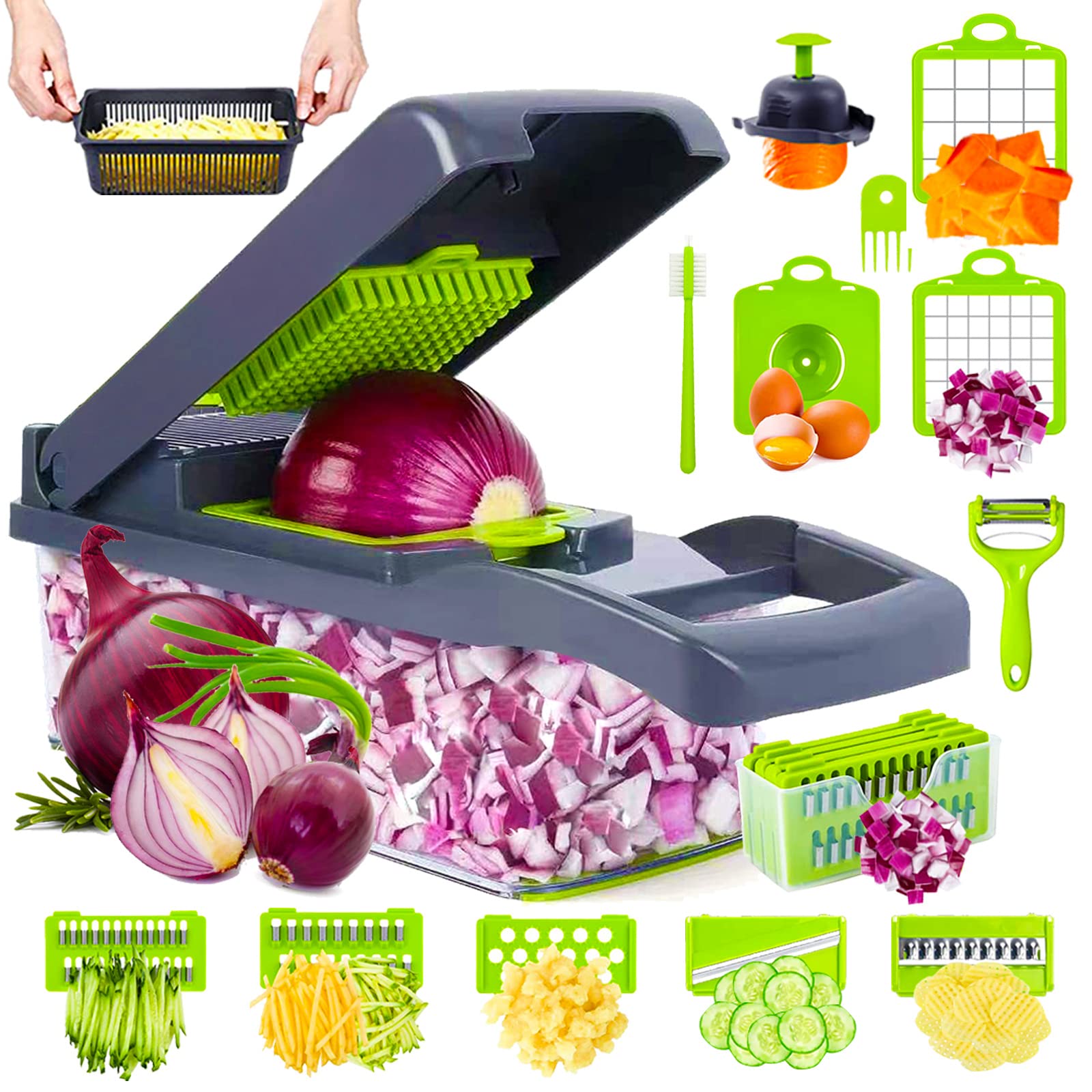 HIUSITY Vegetable Chopper 17Pcs Multifunctional Food Chopper,Pro Onion Chopper Vegetable Cutter Dicer,Veggie Chopper with Container,Mandoline Slicer for Kitchen Gadgets for Salad Potato Carrot