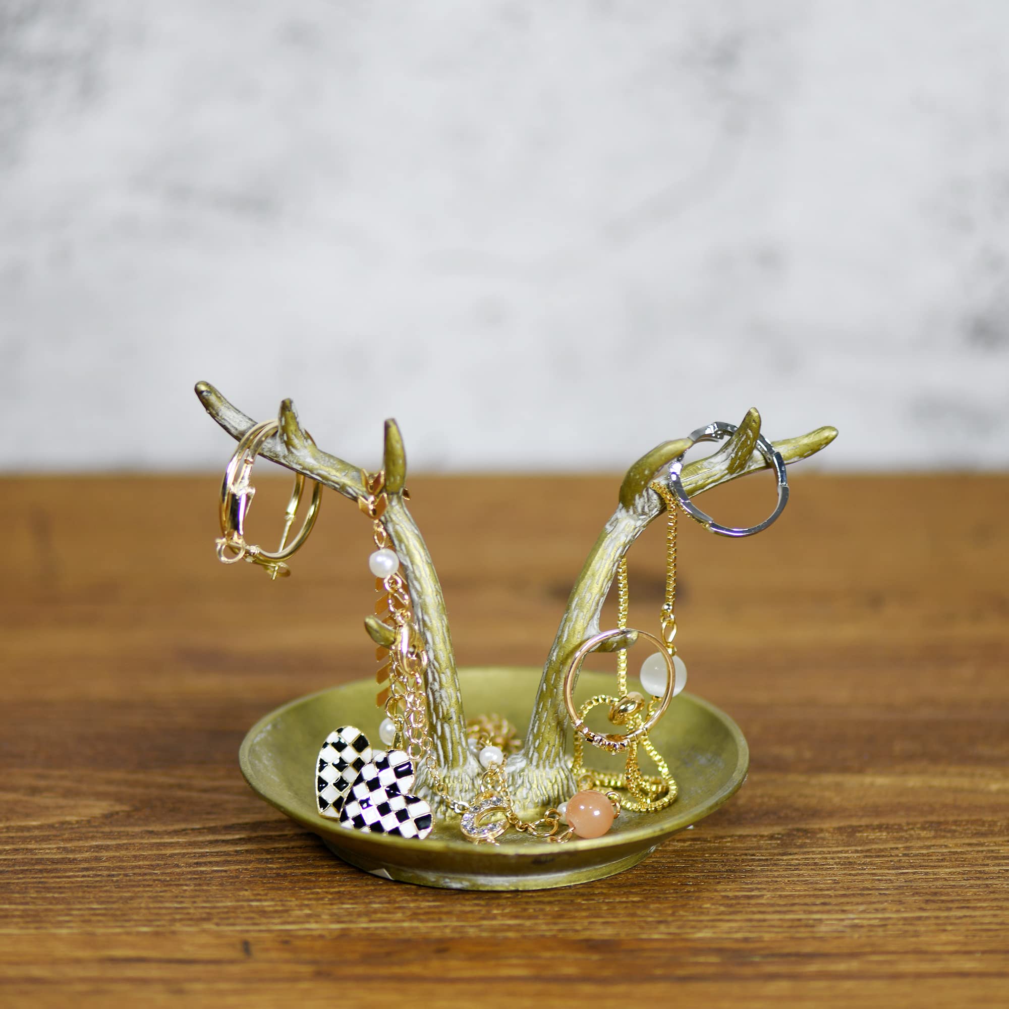 LuHeToz Antique Gold Metal Ring Holder with Antler,Vintage Trinket Dish, Gifts for Women,