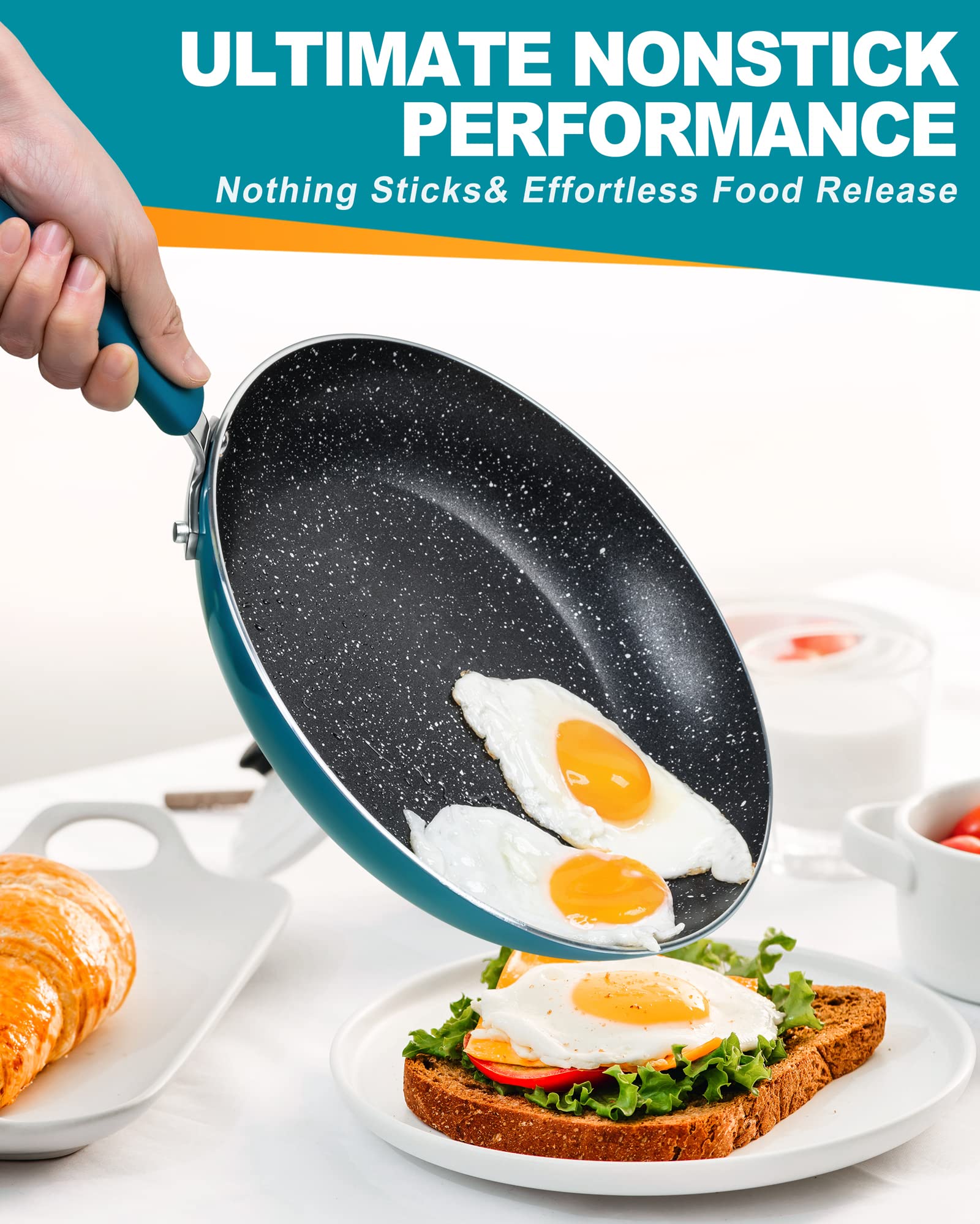 MICHELANGELO Non Stick Frying Pans Set, 8 Inch & 10 Inch Skillet Set, Frying Pans Nonstick with Granite Interior, Enamel Nonstick Pans for Cooking, Frying Pan Set with Silicone Handle, Cyan