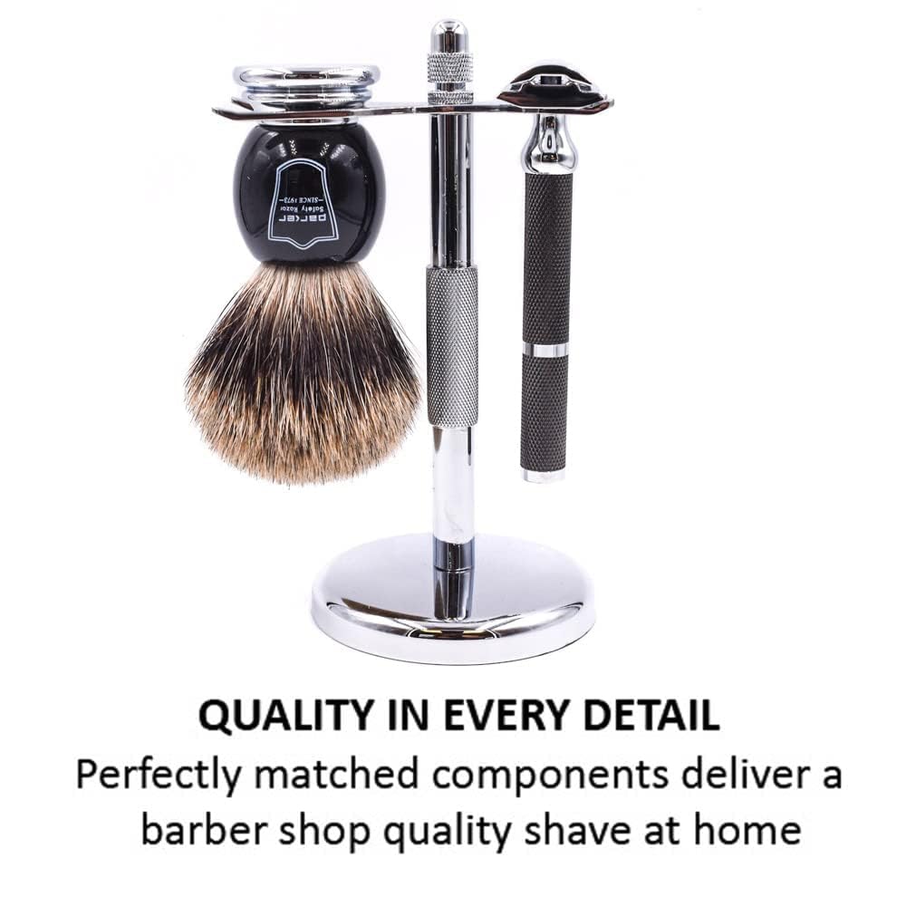 Parker 71R Safety Razor Shave Set - Includes Deluxe Pure Badger Brush, Chrome Stand, Parker Double Edge Safety Razor and 5 Parker Premium Double Edge Razor Blade Refills