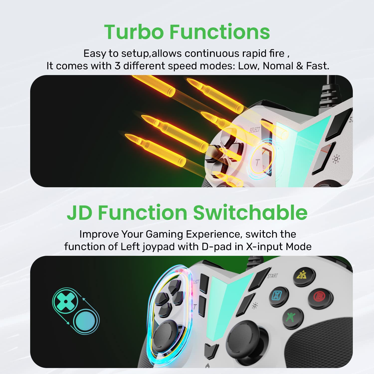 PC Steam Game Controller, IFYOO ONE Pro Wired USB Gaming Gamepad Joystick Compatible with Computer/Laptop(Windows 11/10/8/7/XP), Android(Phone/Tablet/TV/Box), PS3 - White&Black, 2x White Joystick Caps