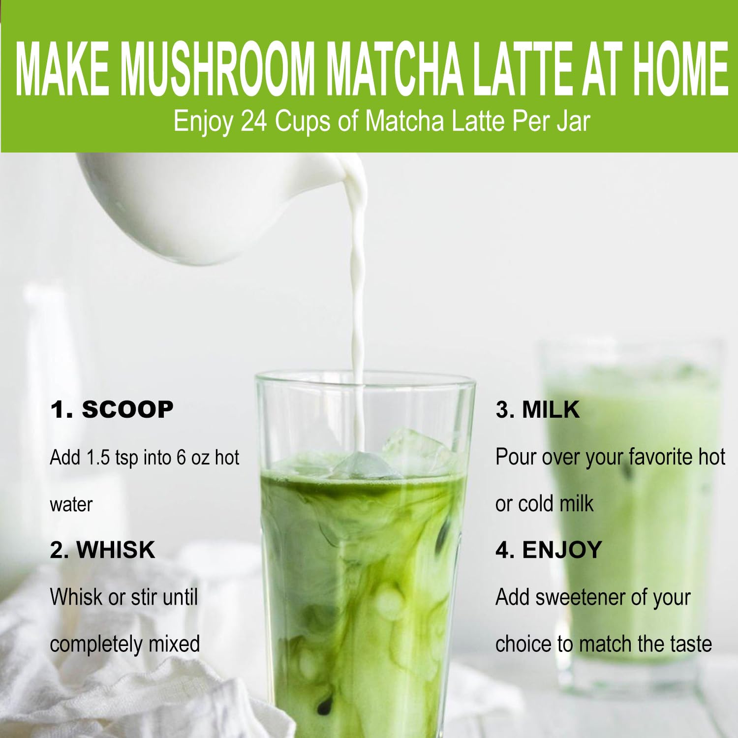 Mushroom Matcha Powder, Unsweetened, Mixed with Six Mushroom Extracts and Ceremonial Grade Matcha Green Tea, 24 Servings
