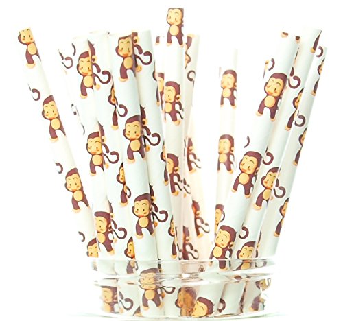 Monkey Party Straws (25 Pack) - Jungle Party Supplies, Brown Safari Paper Straws, Zoo Kids Birthday Party Decorations, Straws with Monkeys
