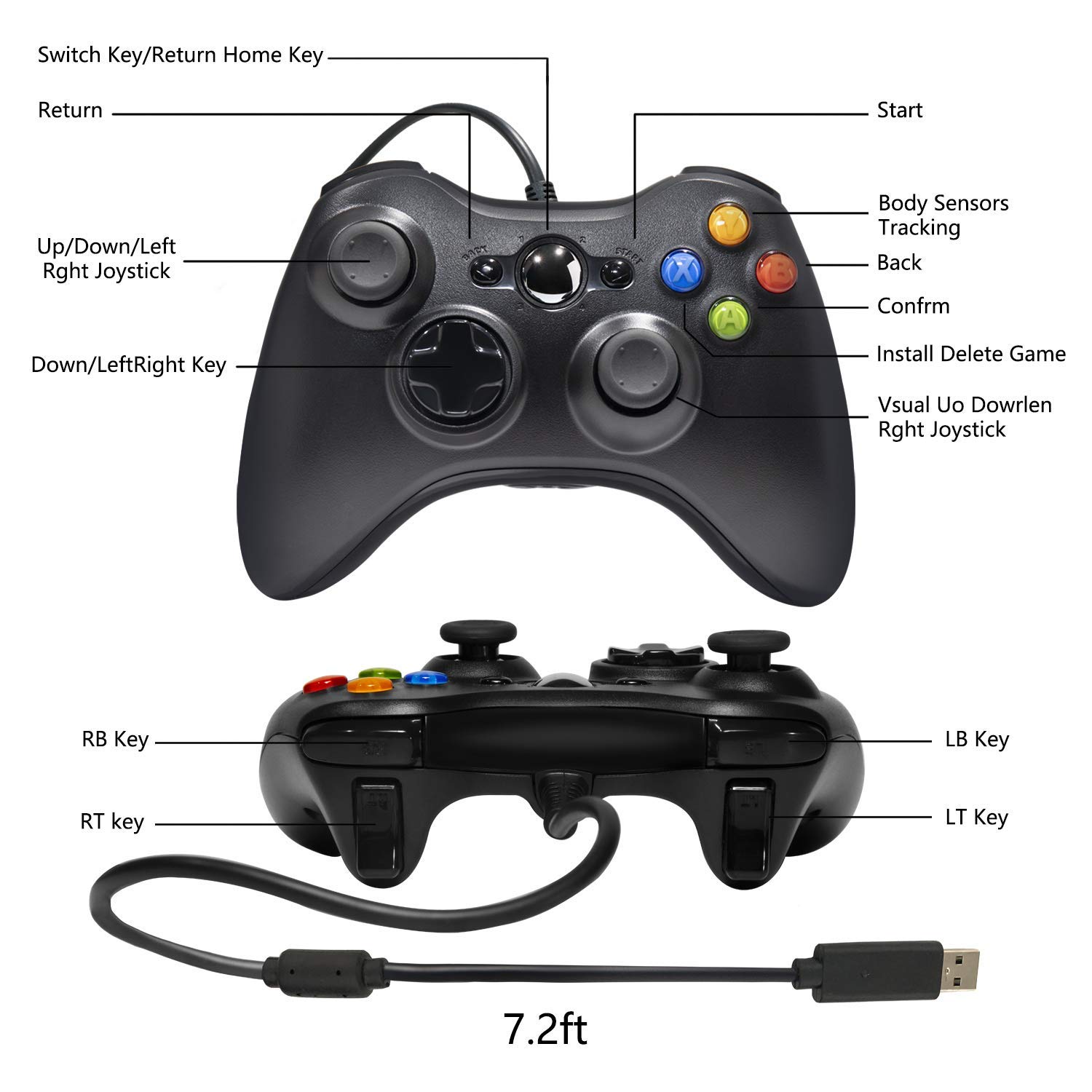 Medvoe Wired Controller for Xbox 360, 7.2 Ft USB Wired Gamepad Joystick Game Remote with Dual-Vibration Turbo, Trigger Buttons for Xbox360, Xbox 360 Slim and PC Windows 7,8,10 - Black (Renewed)