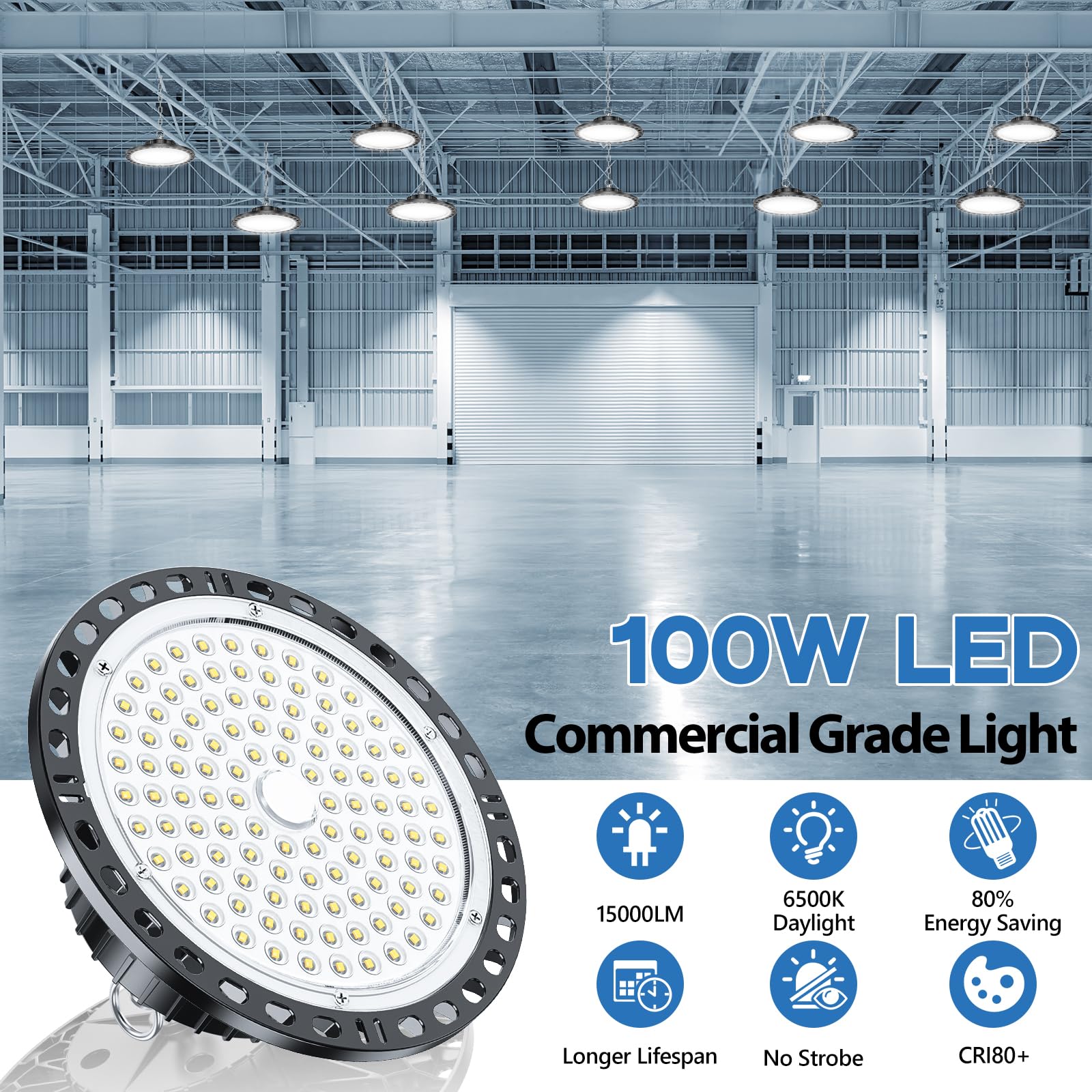 TOPAUBUB 100W High Bay LED Light 10 Pack, 15000LM High Bay LED Shop Lights with 6.56FT Cable US Plug, 11.8in Metal Chain, Driver, UFO LED Light 6500K IP65 Commercial Bay Lighting for Warehouse Shop