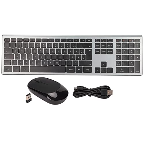 PUSOKEI Wireless Keyboard Mouse Combo, 2.4G Ergonomic USB Gaming Keyboard and Mouse, Full Size QWERTZ Keyboard and 1600dpi Compact Mouse, for Windows PC (German Layout)