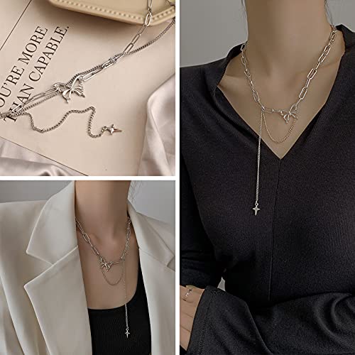 IFKM 6 PACK silver necklaces for women men layered adjustable choker chain Multilayer necklace set with butterfly cute pendant for teens girls gift