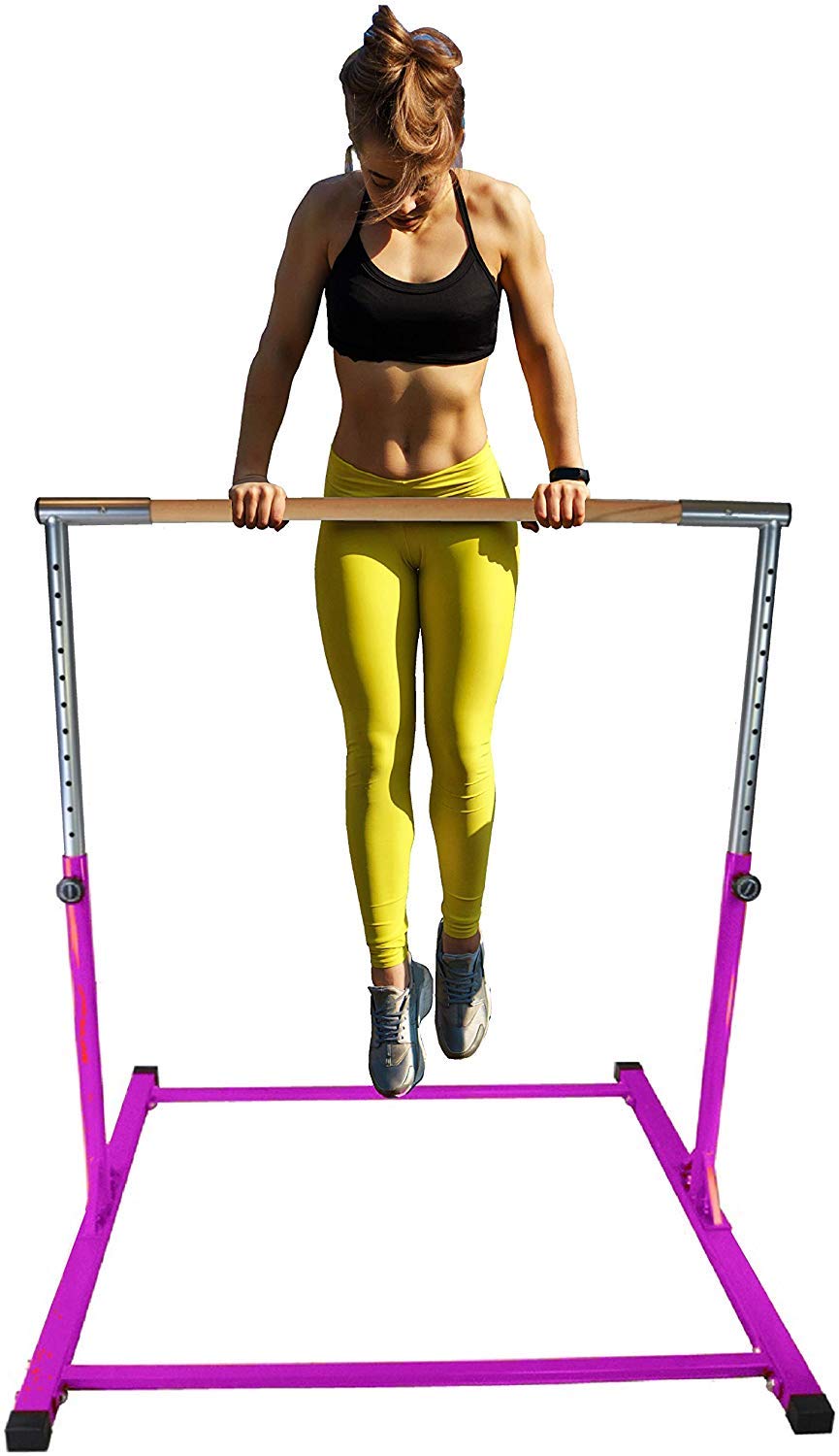 Kids Expandable Kip Bar with Tumble Mat Professional Pink Horizontal Gymnastics Asymmetric Bar 4x8 FT Mat Jungle Gym Height Adjustable 3 to 5 FT Purple Mat