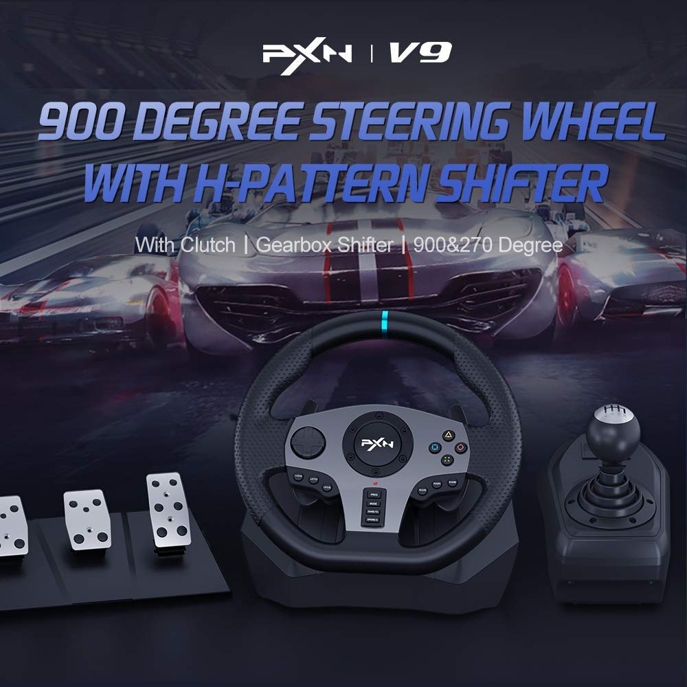 PC Steering Wheel, PXN V9 Universal Usb Car Sim 270/900 Degree Race Steering Wheel with 3-Pedals and Shifter Bundle for Xbox One,Xbox Series X/S,PS4,PS3, Nintendo Switch (Renewed)