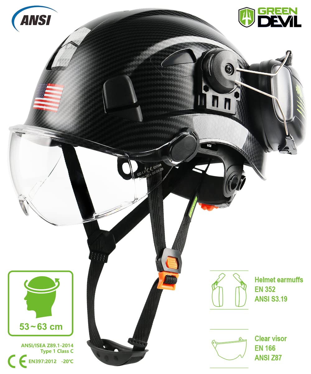 Safety Helmet Hard Hat with Visor and Ear Protection Adjustable Lightweight Vented ABS Work Helmet for Men and Women 6-Point Suspension ANSI Z89.1 Approved Ideal for Industrial & Construction