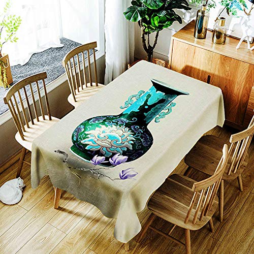 NUER Rich Peacock Tablecloth Creative Lotus and Vase Pattern Comfortable Waterproof Table Cloth Cover for Children Mantel A4 140x210cm