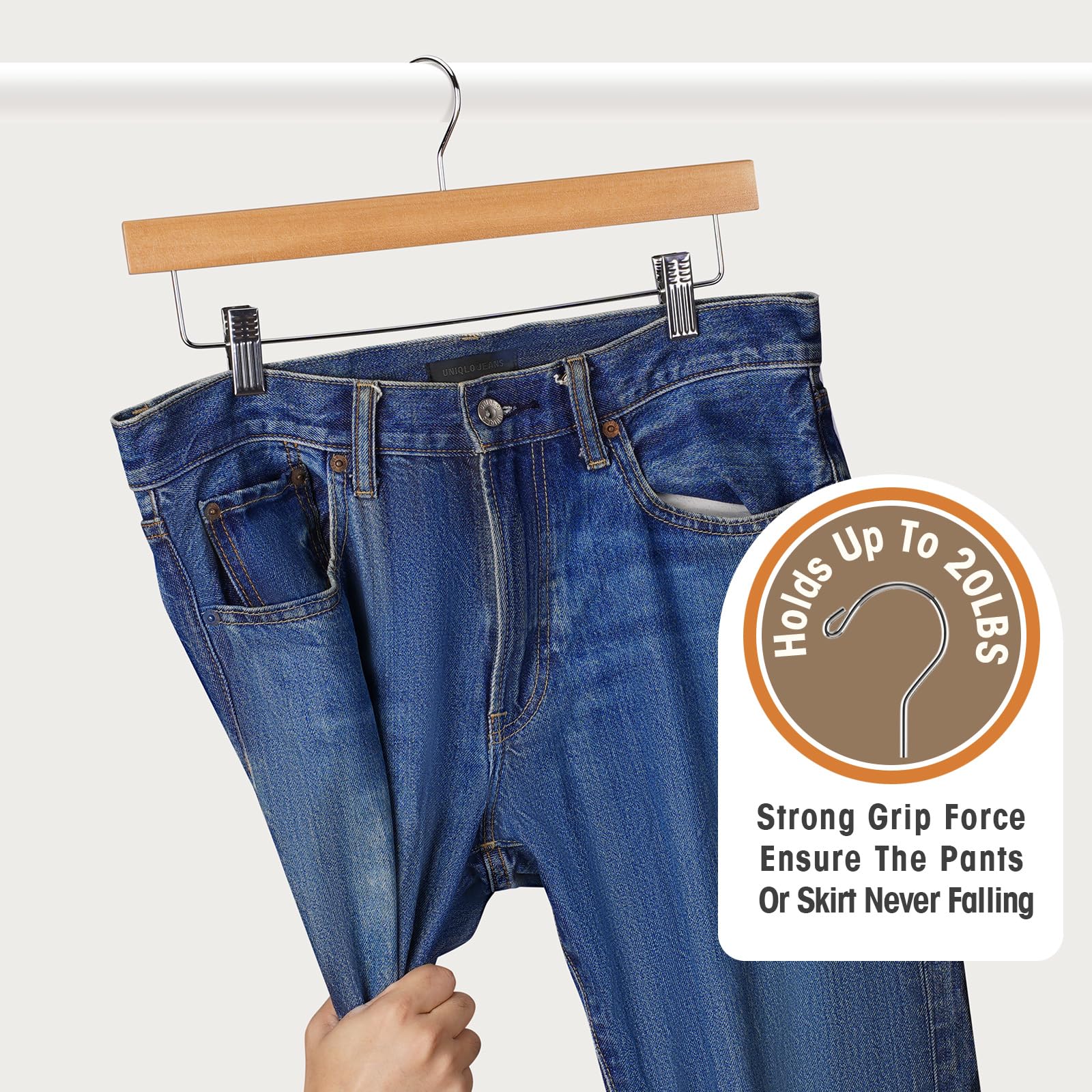 Ulimart Wooden Pants Hangers 12 Pack Pant Hangers with Clips,Skirt Hangers,Adjustable Heavy Duty Clip Hangers,Hangers for Pants,Jeans,Slacks,Shorts ( Natural)