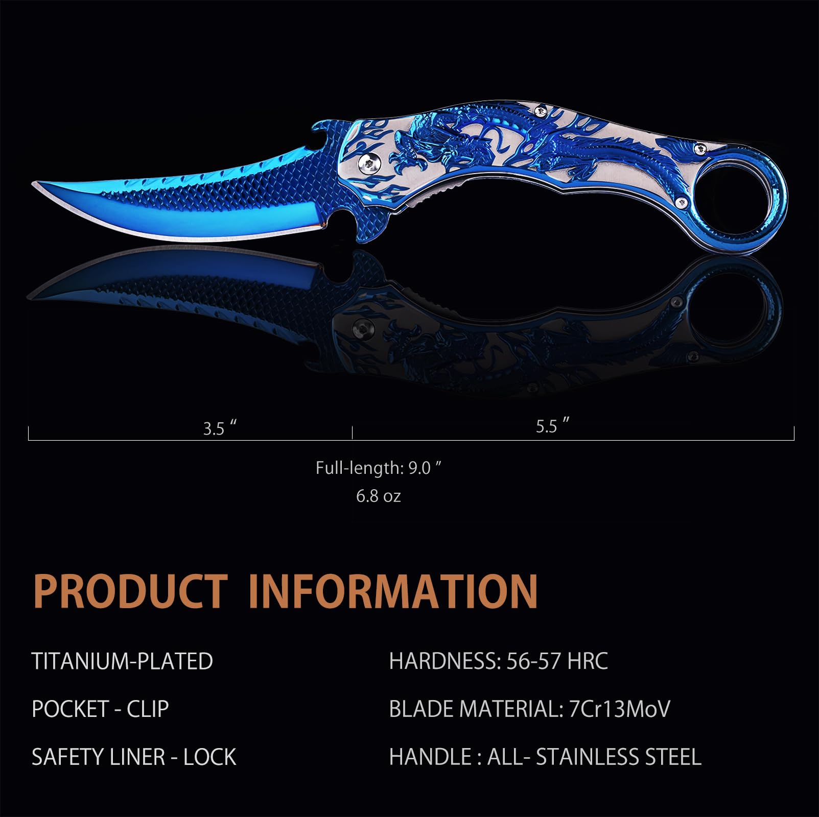 Pocket Knife for Men, Cool Folding Knife With 3D Golden Dragon Relief, Great Gift Edc Knife For Men Outdoor Survival Camping Hiking Hunting