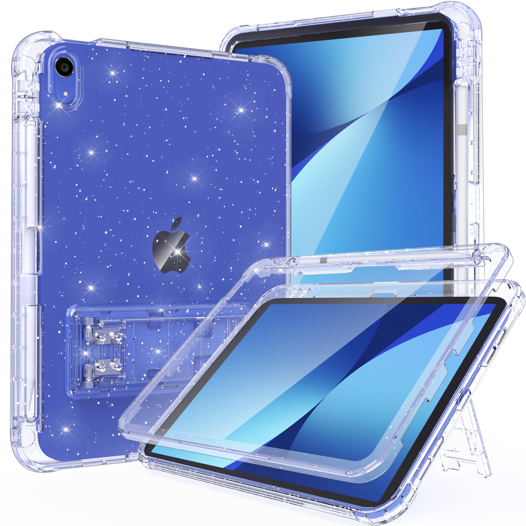 Rantice iPad 10th Generation Case with Screen Protector, Pencil Holder & Kickstand - Slim, Glittery, and Shockproof Bumper for Women and Girls, Clear Glitter