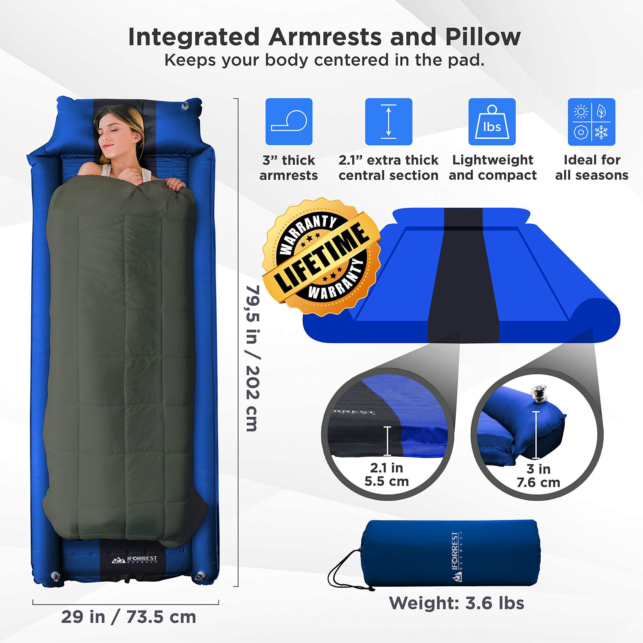 IFORREST Sleeping Pad w/Armrest & Pillow - Rollover Protection - Self-Inflating Camping Mattress, Best Mats for Tent, Cot - Ultra-Comfortable Backpacking Air Bed(XL)