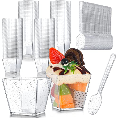 Meanplan 160 Pack 2oz Glitter Plastic Dessert Cups with Spoons 160 Disposable Square Plastic Dessert Cups and 160 Glitter Spoons for Party Dessert Appetizers (Silver)