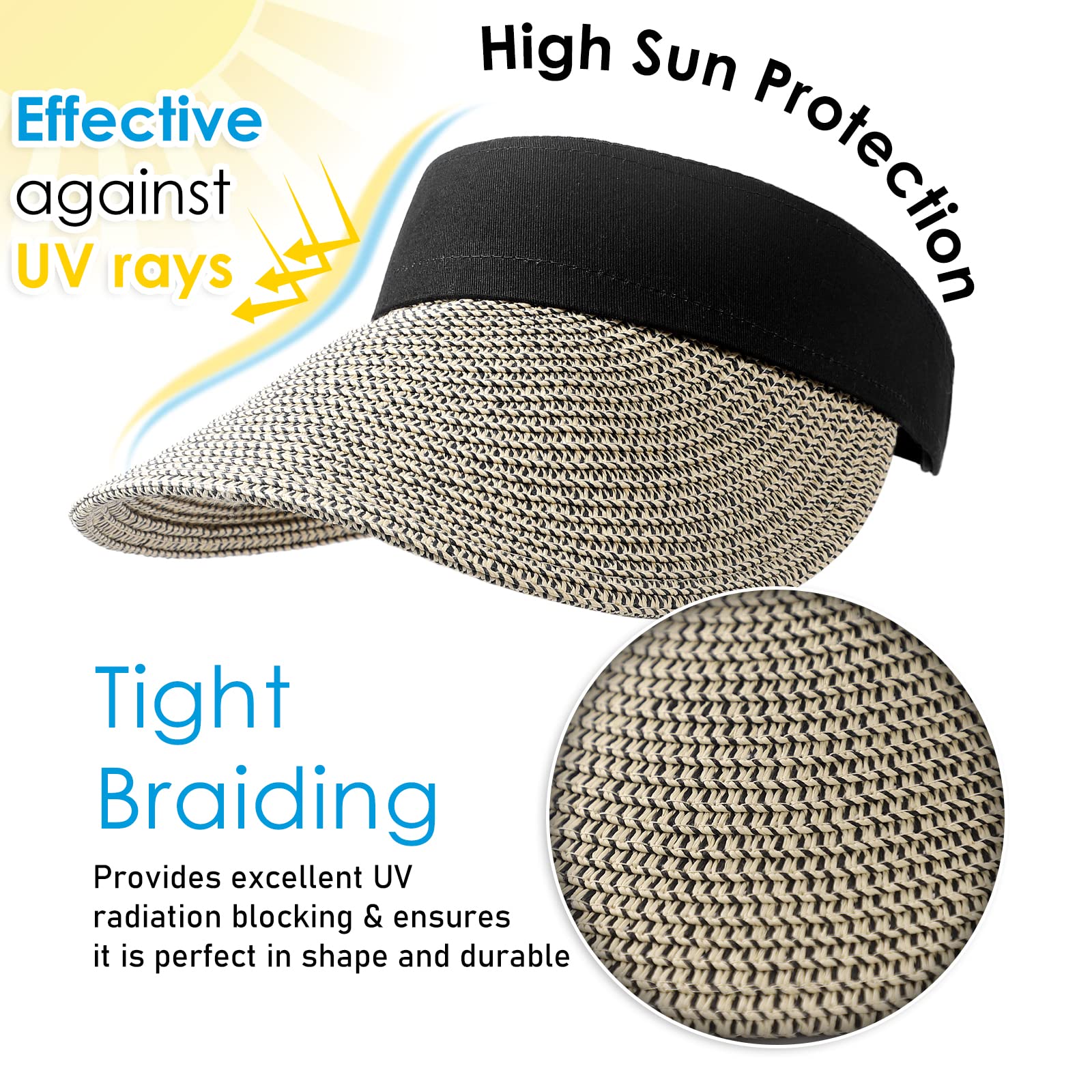 Lvaiz Sun Straw Visor Hats for Women Wide Brim Roll-up Foldable Beach Sun Visors Cap Summer UV Protection Black, One Size