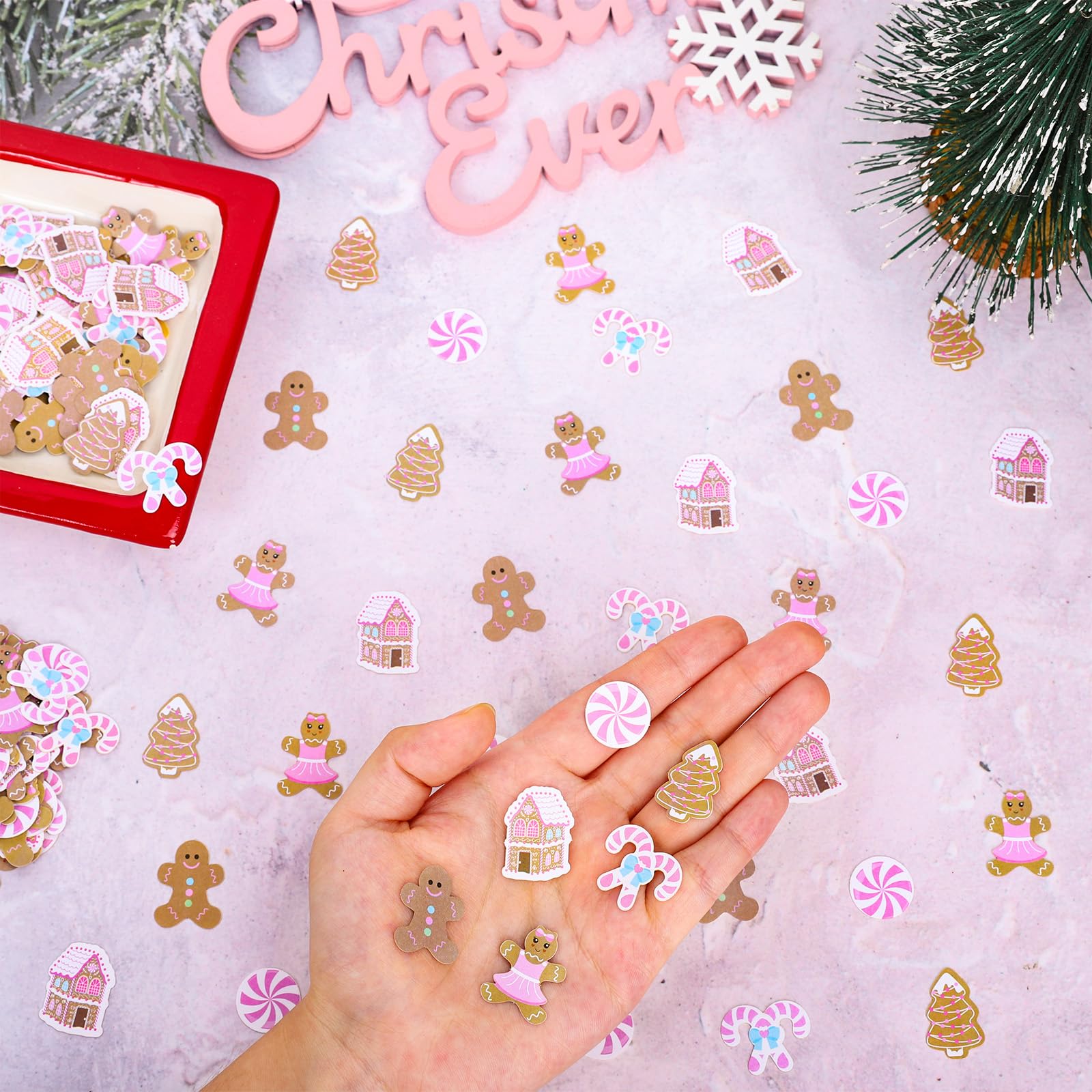 Whaline 270Pcs Pink Christmas Confetti Gingerbread Man Candy Xmas Tree Paper Confetti Table Confetti Decorations for Winter Holiday Baby Shower Birthday