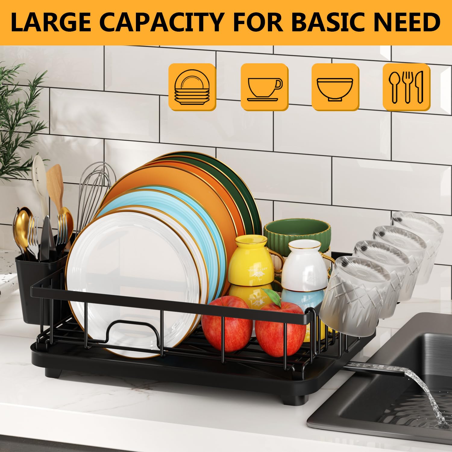 Naturous Dish Drying Rack, Durable Stainless Steel Dish Racks for Kitchen Counter, Space-Saving Compact Dish Rack with Drainborad and Swivel Spout