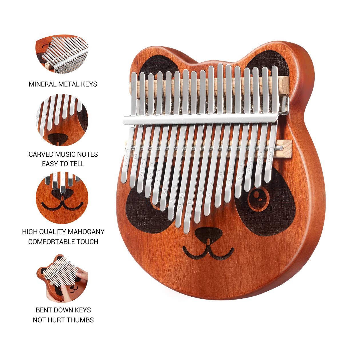 JeuRon 17 Keys Mahogany Kalimba Thumb Piano Finger Instrument With Portable Case Turning Hammer Study Instruction,Gift for Kids Adult Beginners and Professionals (NATURAL)
