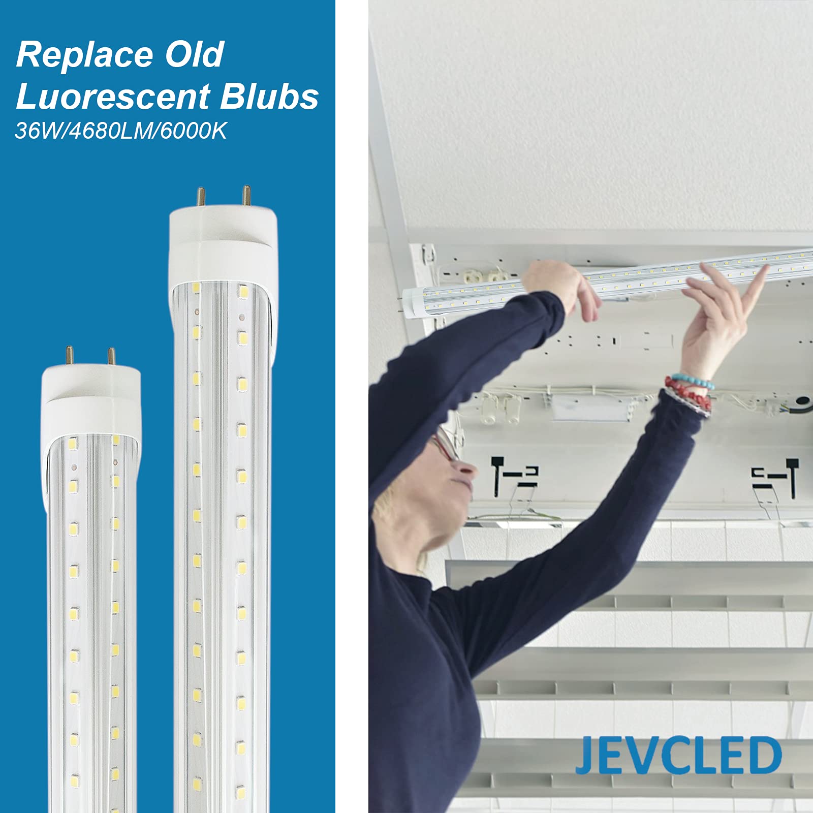 JEVCLED T8 T10 T12 2FT LED Bulb High Brightness Fluorescent Lamp Store Light 6000K T8 G13 2340Lumens 18W Replacement Fluorescent Lamp 45W, Ballast Bypass, Double-Ended Power Supply Pack-4