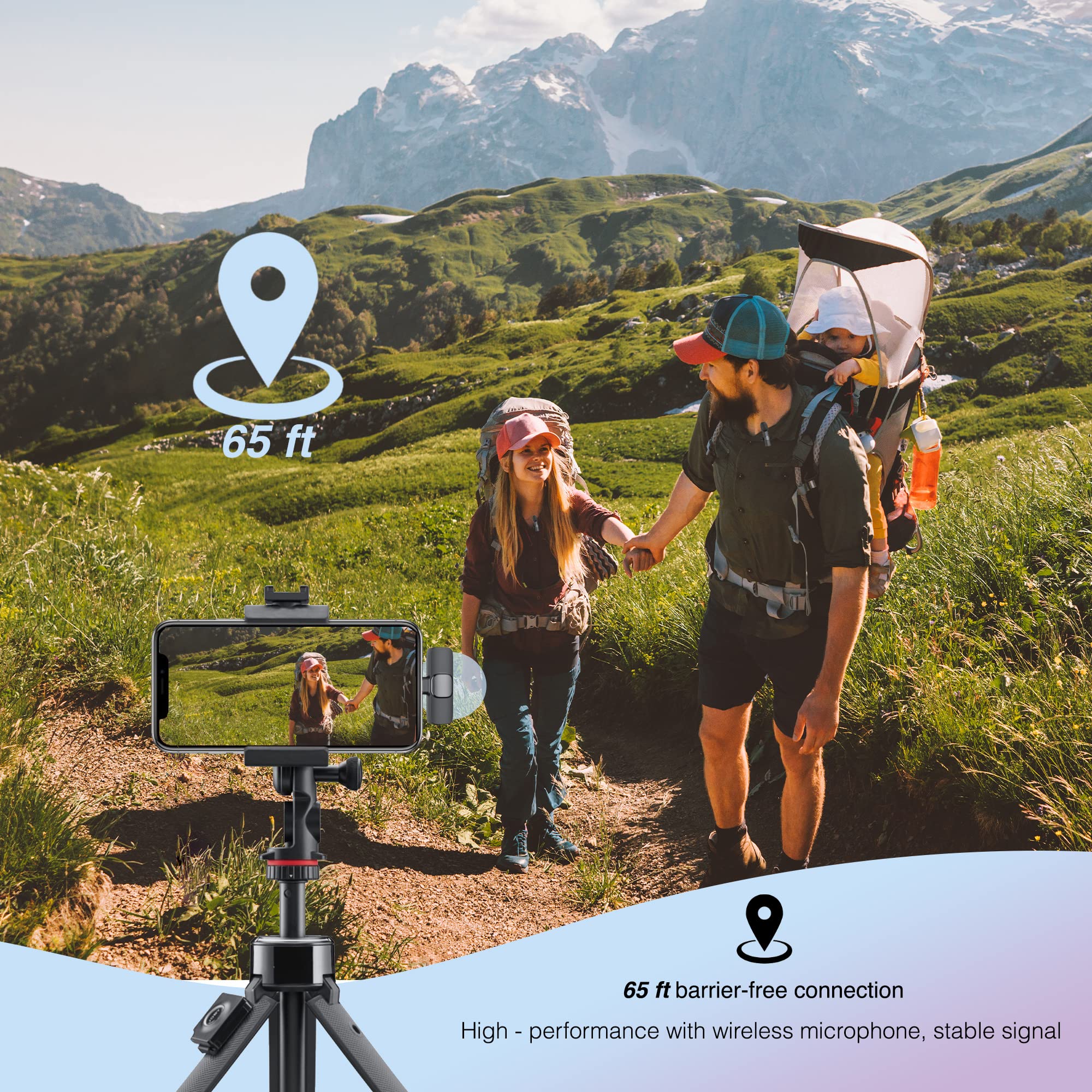 MEFLY Wireless Microphone for iPhone - 2 PCS, Plug & Play, Lavalier Lapel Microphone with Noise Reduction, 5H Long Working Time, 2.4G Ultra-Low Delay, Up to 65ft Indoor/Outdoor Range