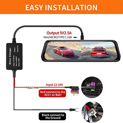 Jopwkuin Dash Cam Hardwire Kit, Lasting Performance Convenient Operation Car Dash Cam Hardwiring Accessory for Mirror Cam(Mini)