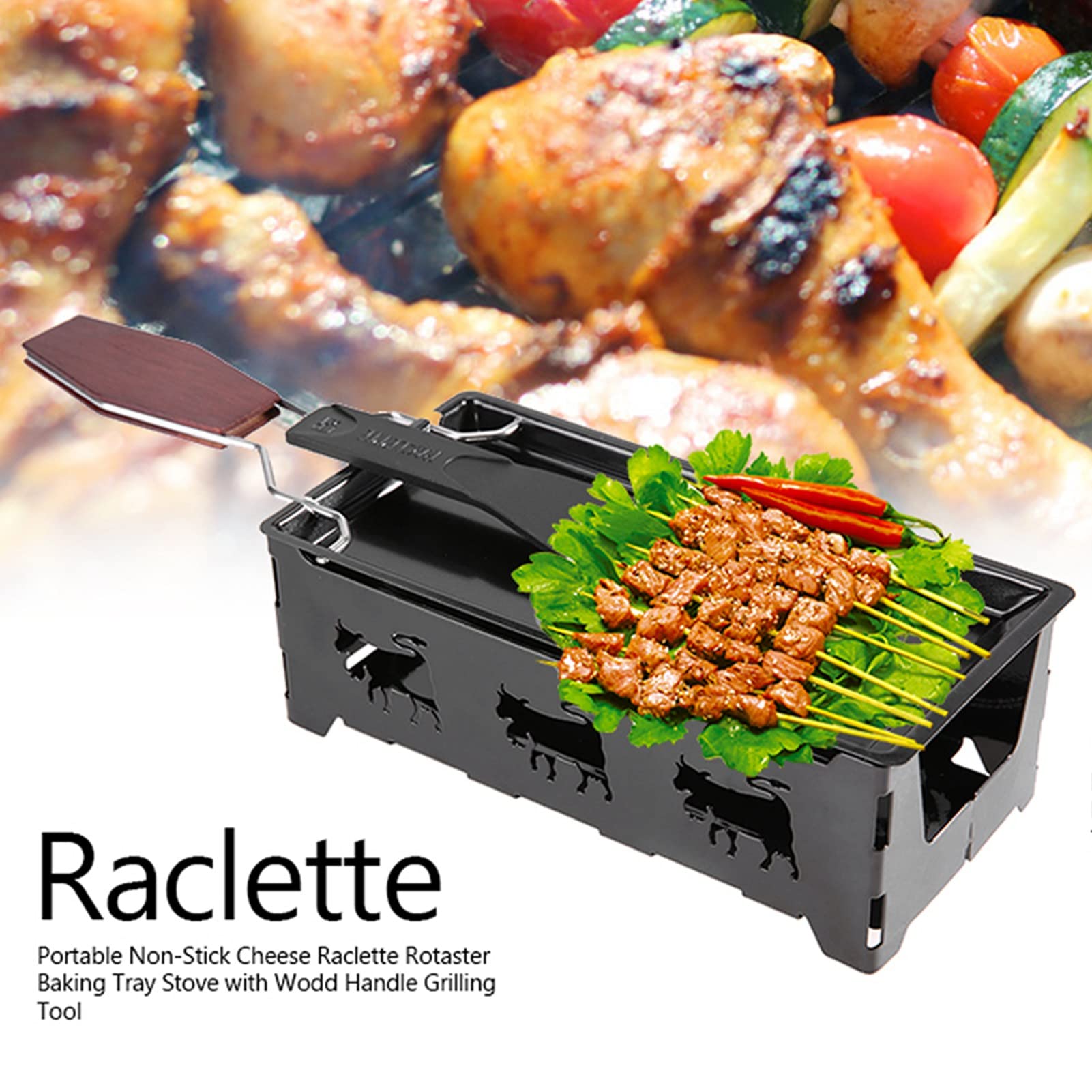 Portable Candlelight Cheese Raclette Non Stick Rotaster Baking Tray Stove Set Carbon Steel Home Kitchen Grilling Tool with Wood Handle