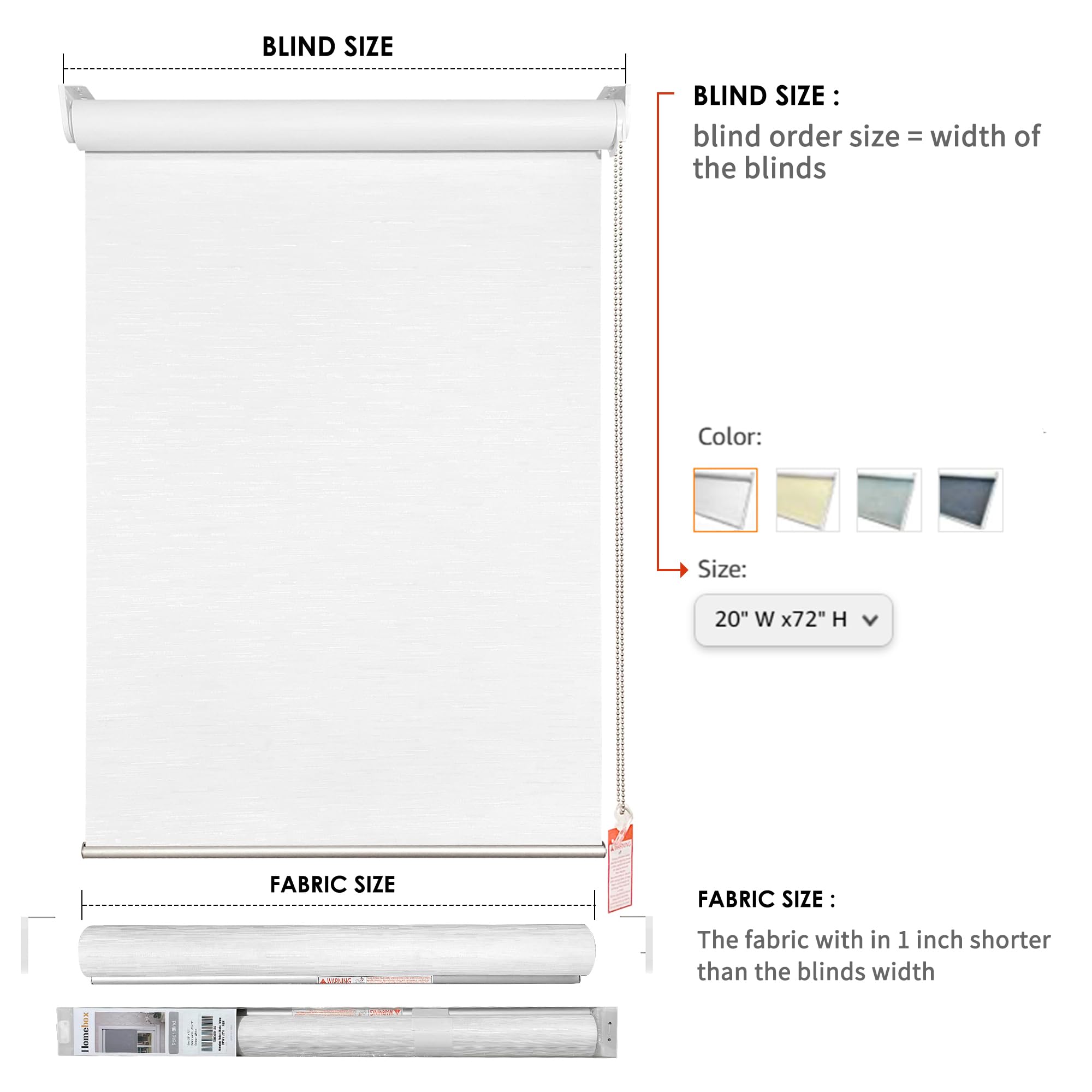 HOMEBOX 100% Blackout Roller Window Shades, Striped Jacquard Window Blinds with Thermal Insulated, UV Protection Waterproof Fabric, Roll up and Down Shades Home and Office(White - 20" W x 72" H)