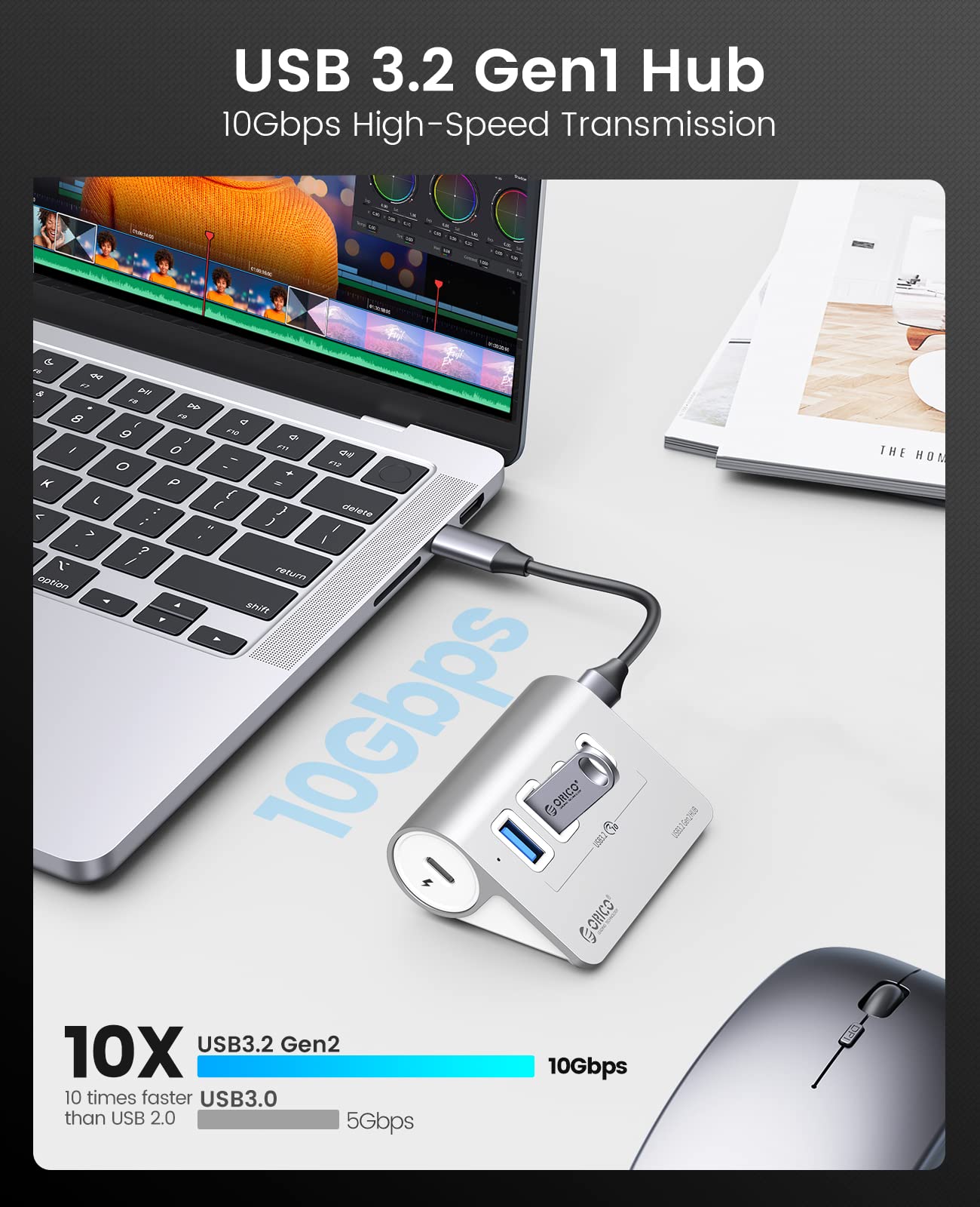 ORICO USB 3.2 Hub 10Gbps with 7 USB A Ports, USB 3.2 Gen 2 Hub with 3.28Ft USB-A to USB-C Cable, Desk USB Splitter for MacBook, Mac Pro/Mini, iMac, Surface Pro Laptop/PC