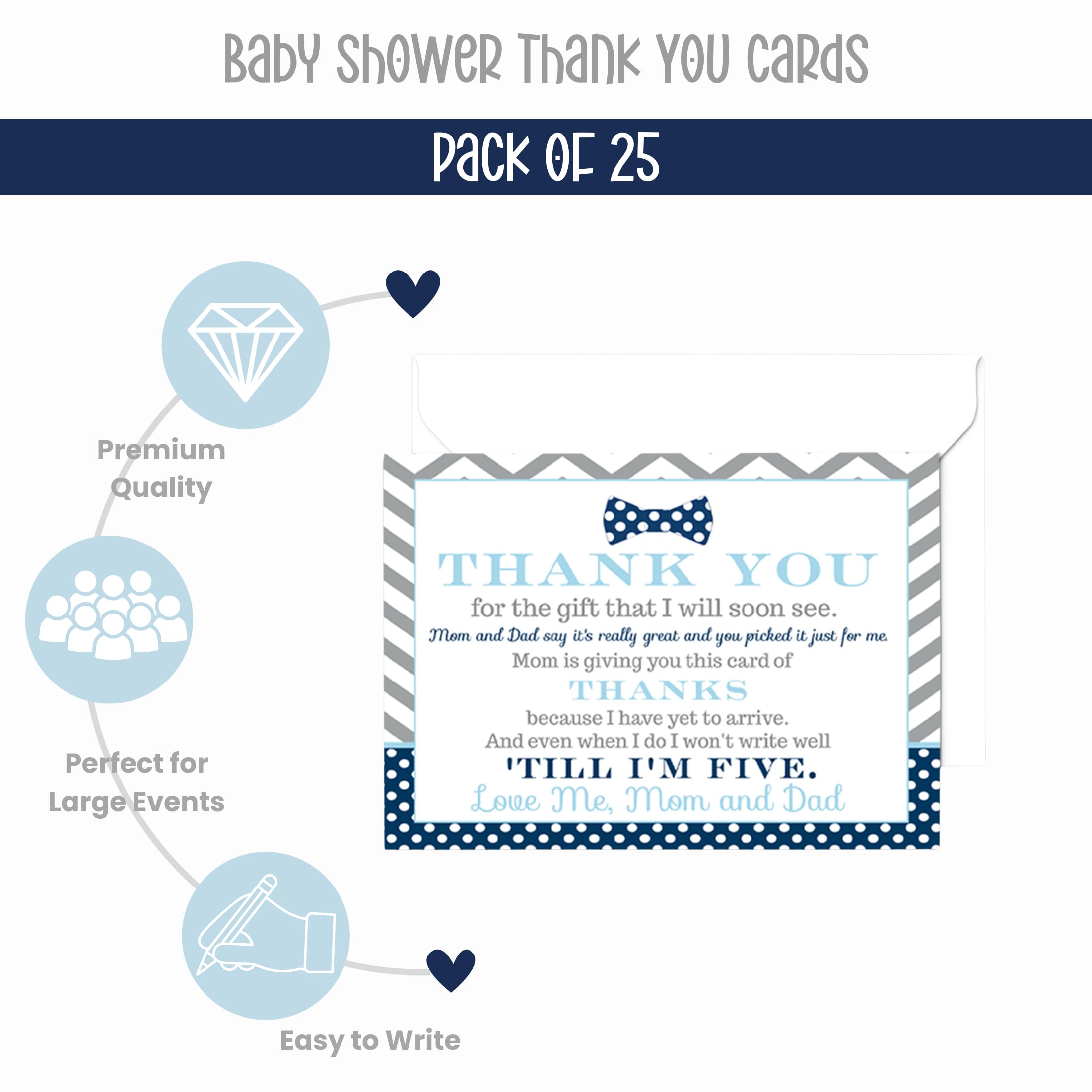 Paper Clever Party 25 Bow Tie Baby Thank You Cards Pack β Boys Baby Shower Notes with Envelopes, Prefilled Message, Customizable Blank Stationery, Adventure Theme, New Parents Gift Ideas