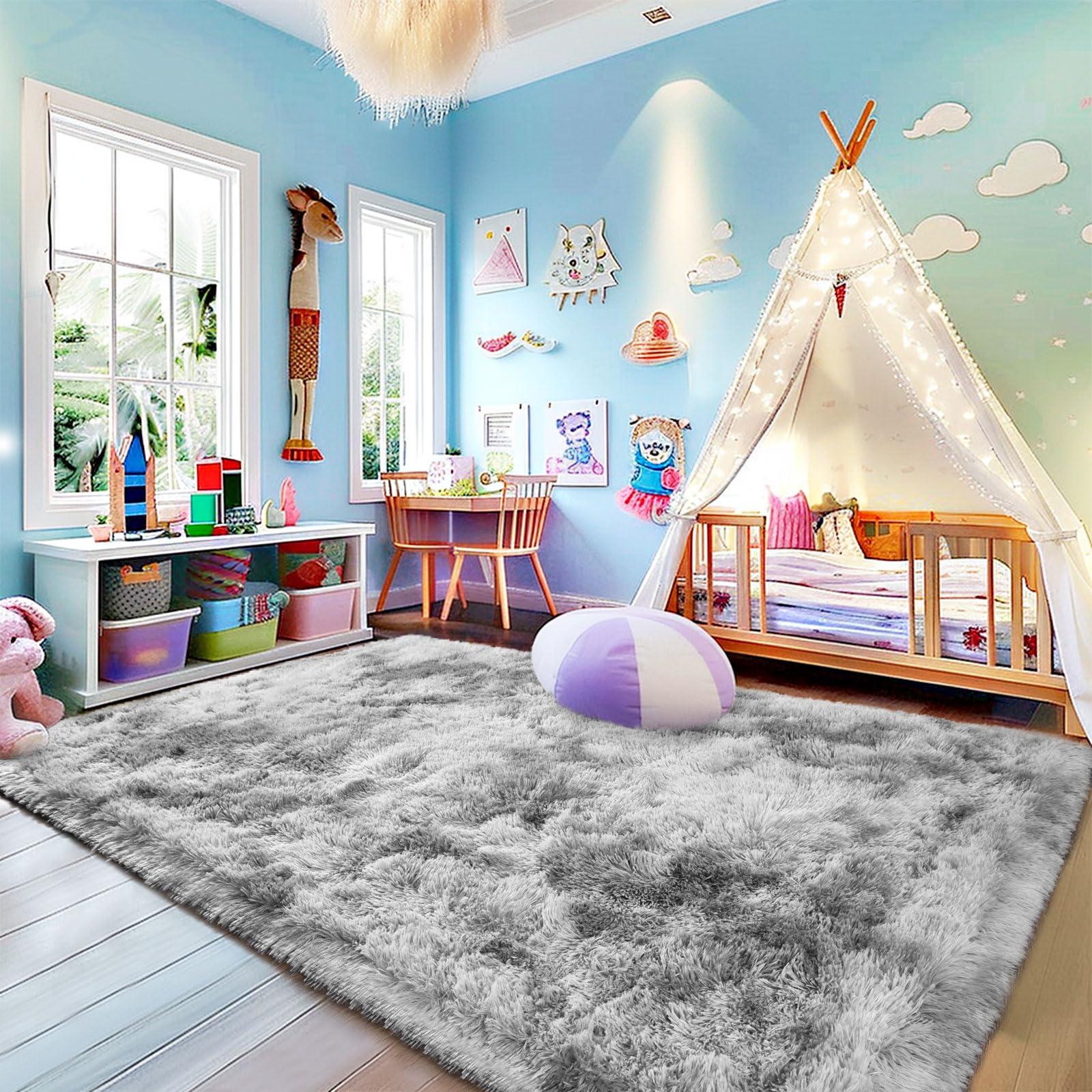 Ultra Soft Fluffy Rugs for Bedroom, Anti-Skid Indoor Carpet Nursery Rugs for Kids Room Home Decor, Rectangular Fuzzy Rug Tie-Dyed Light Grey 9x12 Feet