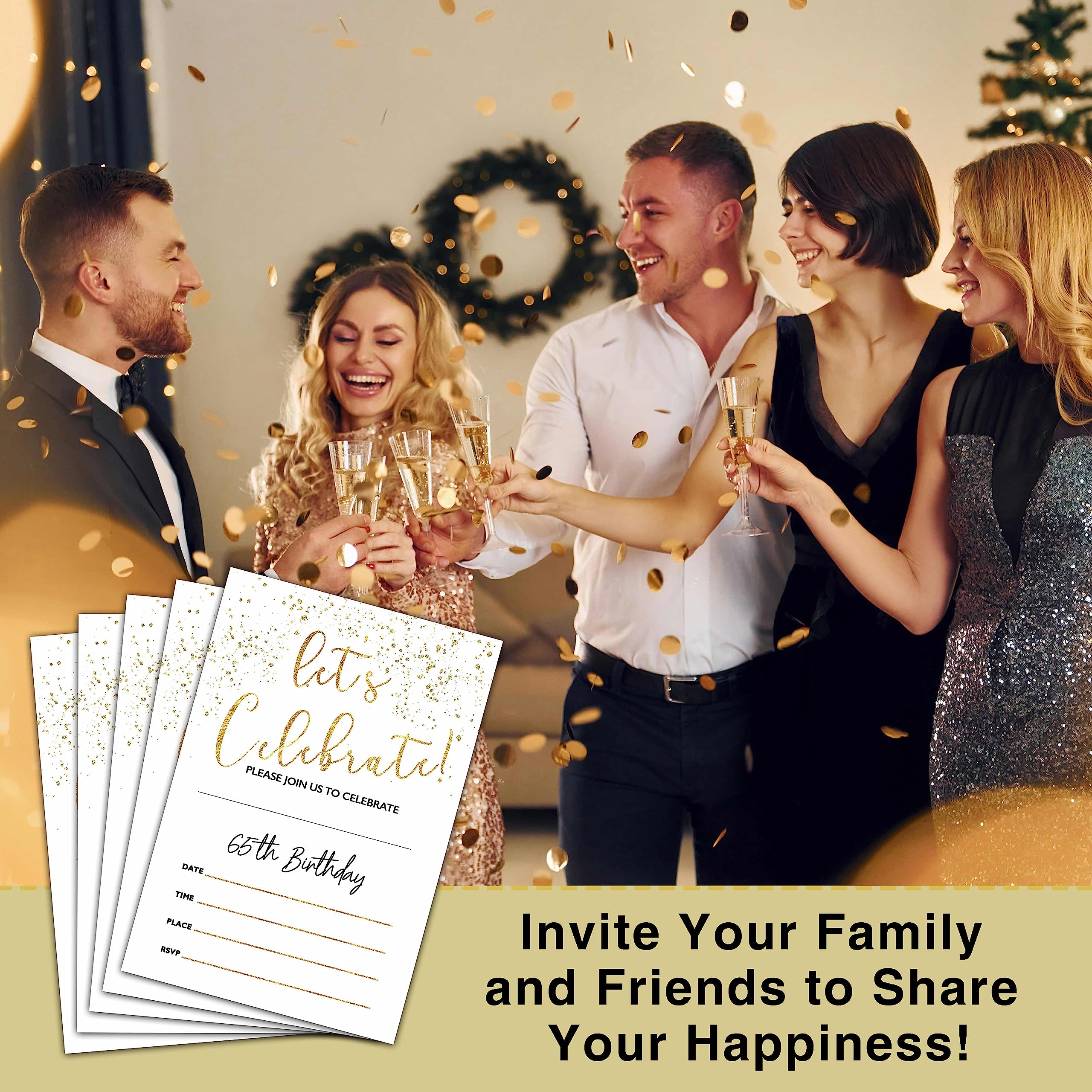 YSTEP 65th Birthday Party Invitations, 20 Invite Cards with Envelopes, 4" x 6" White and Gold Confetti Birthday Invites - C28